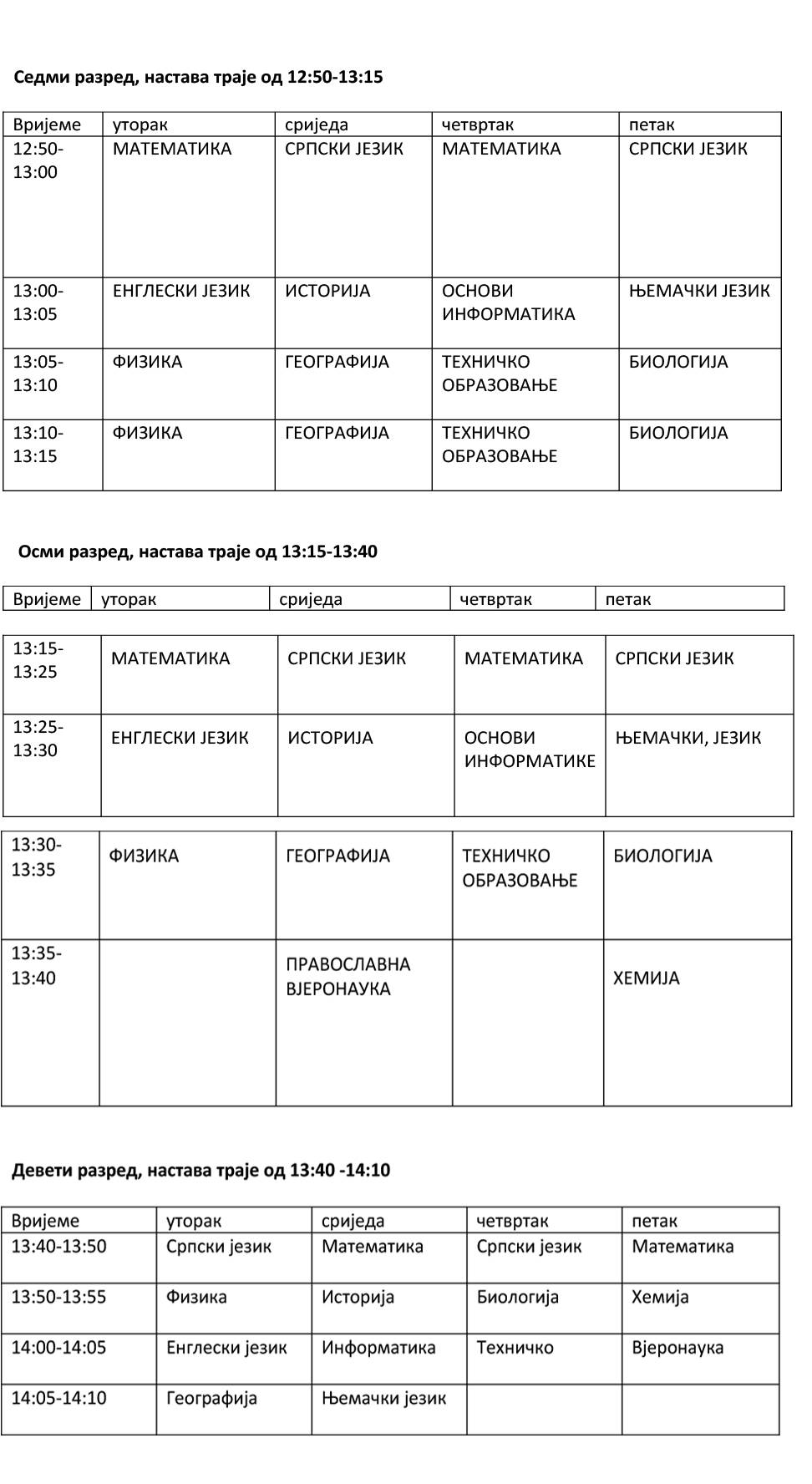 RASPORED ČASOVA ZA OSNOVCE tokom TV prenosa nastave